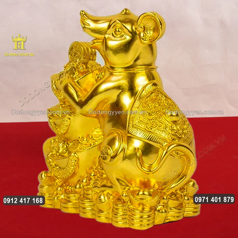 Tượng Chuột Phong Thủy Ôm 3 Thỏi Vàng Mạ Vàng 24K