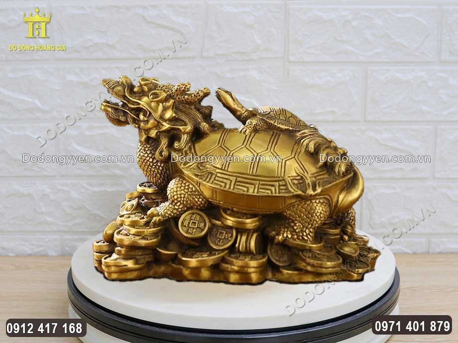 Tượng Long Quy (Rùa Đầu Rồng) Cõng Con Bằng Đồng Vàng Mẫu Đẹp